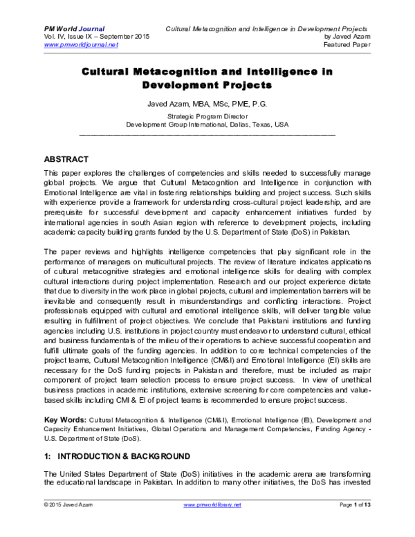 (PDF) Cultural Metacognition and Intelligence in Development Projects