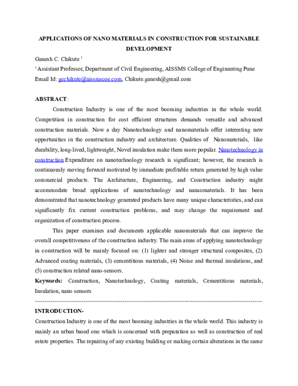 (DOC) APPLICATIONS OF NANO MATERIALS IN CONSTRUCTION FOR SUSTAINABLE ...
