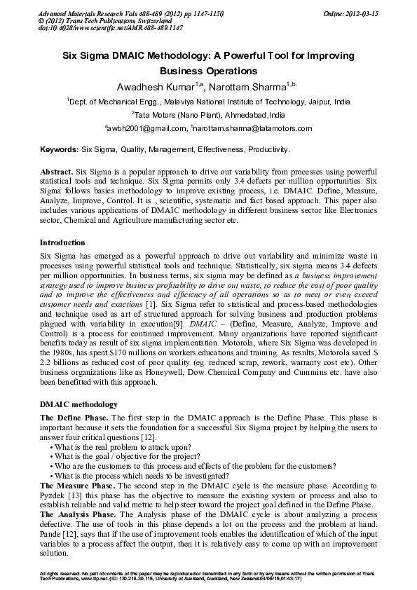 (PDF) Six Sigma DMAIC Methodology: A Powerful Tool for Improving ...