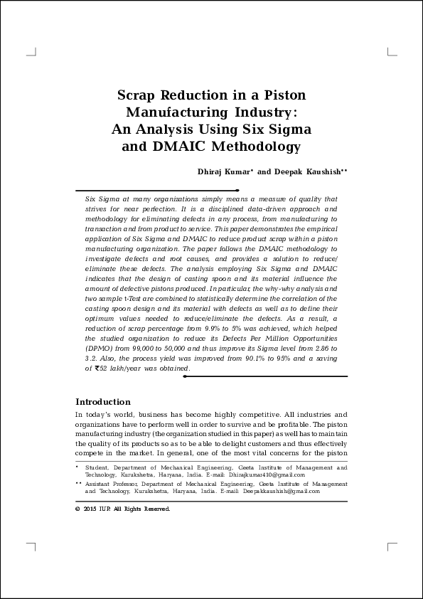 (PDF) Scrap Reduction in a Piston Manufacturing Industry: An Analysis ...