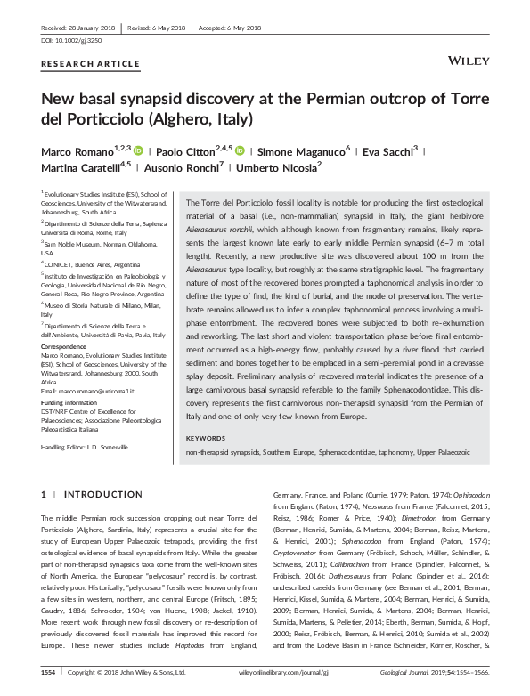 (PDF) New basal synapsid discovery at the Permian outcrop of Torre del ...