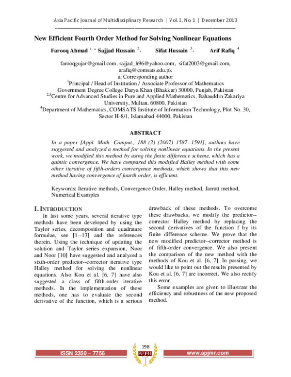 Pdf New Efficient Fourth Order Method For Solving Nonlinear Equations