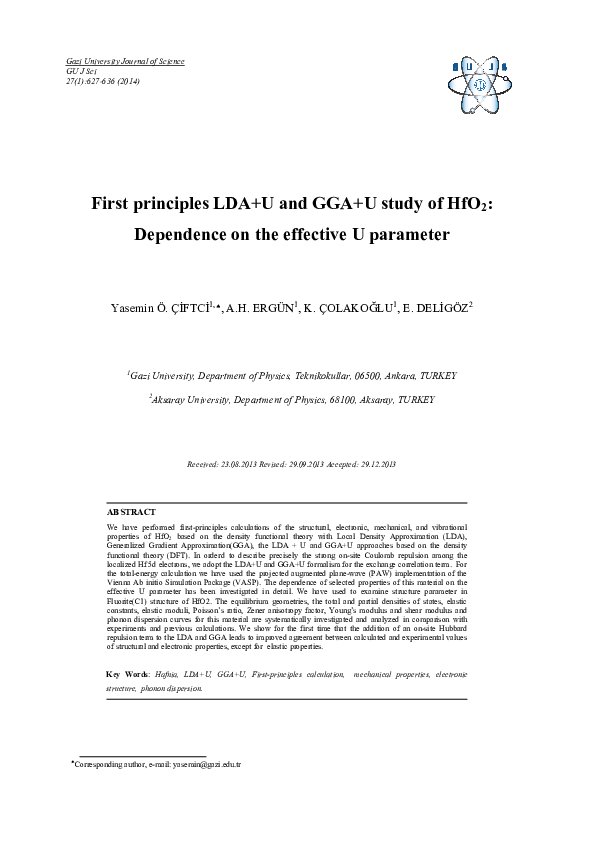 (PDF) First principles LDA+U and GGA+U study of HfO2: Dependence on the ...