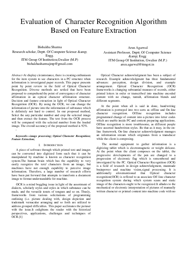 Doc Evaluation Of Character Recognition Algorithm Based On Feature