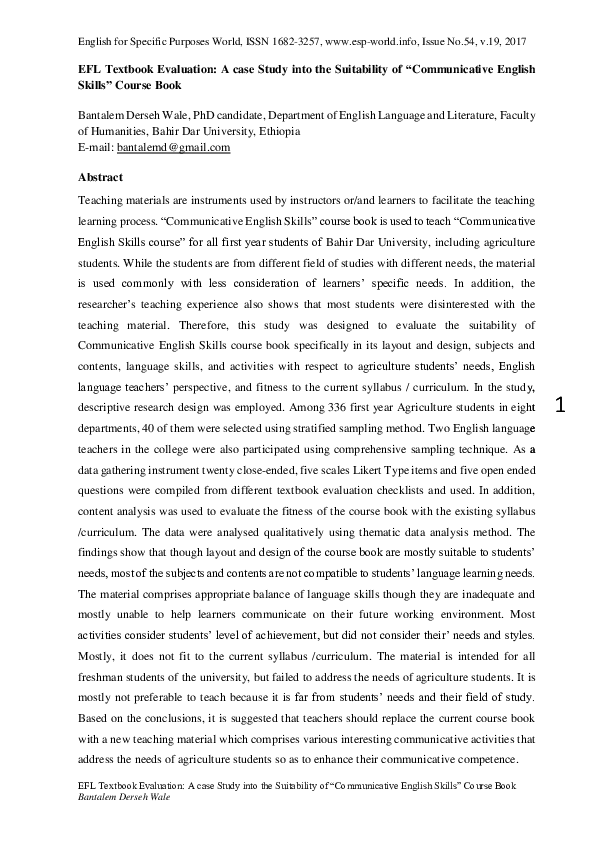 (PDF) EFL Textbook Evaluation: A case Study into the Suitability of ...