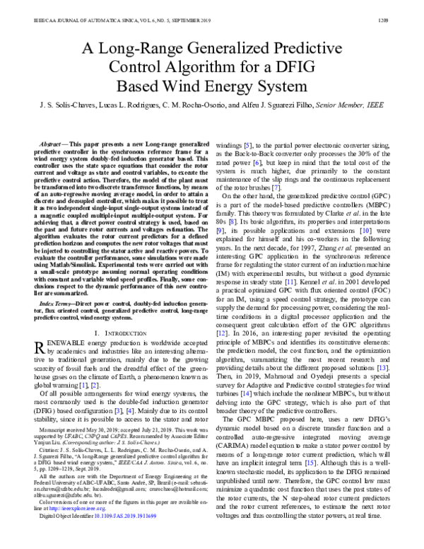 (PDF) A Long-Range Generalized Predictive Control Algorithm for a DFIG Based Wind Energy System