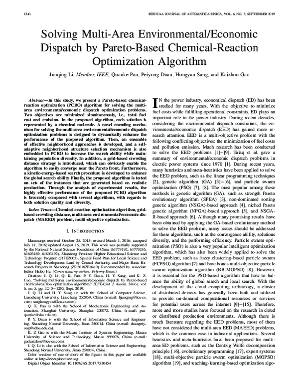 Pdf Solving Multi Area Environmental Economic Dispatch By Pareto Based Chemical Reaction