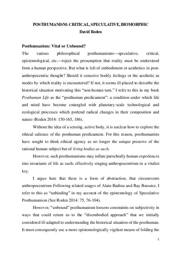 (PDF) Posthumanism: Critical Speculative Biomorphic
