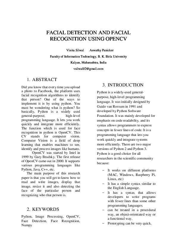 (PDF) Face detection and facial recognition using open cv