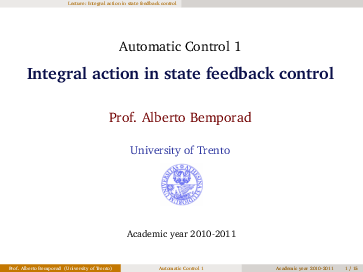 (PDF) Lecture: Integral action in state feedback control Integral ...