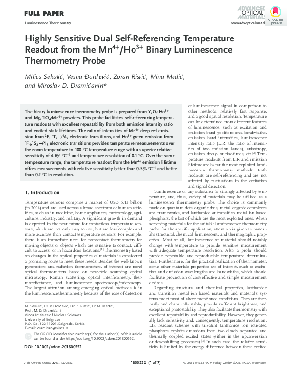 (PDF) Highly Sensitive Dual Self-Referencing Temperature Readout from ...