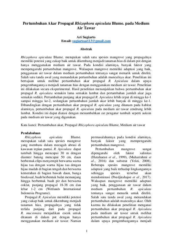 (PDF) Pertumbuhan Akar Propagul Rhizophora apiculata Blume. pada Medium ...