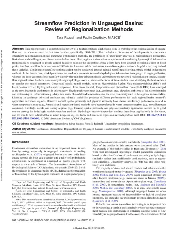 Pdf Streamflow Prediction In Ungauged Basins Review Of Regionalization Methods