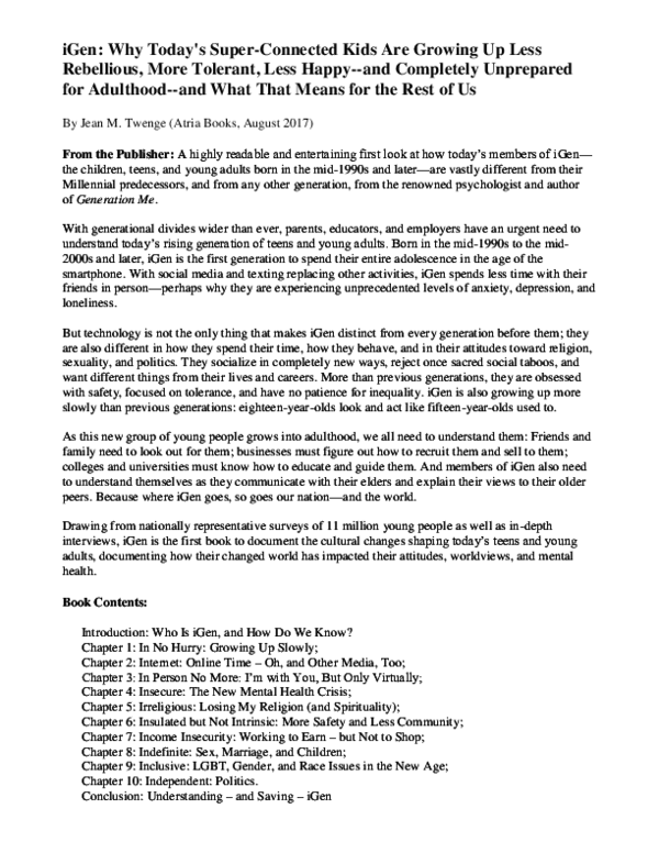 (PDF) iGen: Why Today's Super-Connected Kids Are Growing Up Less ...