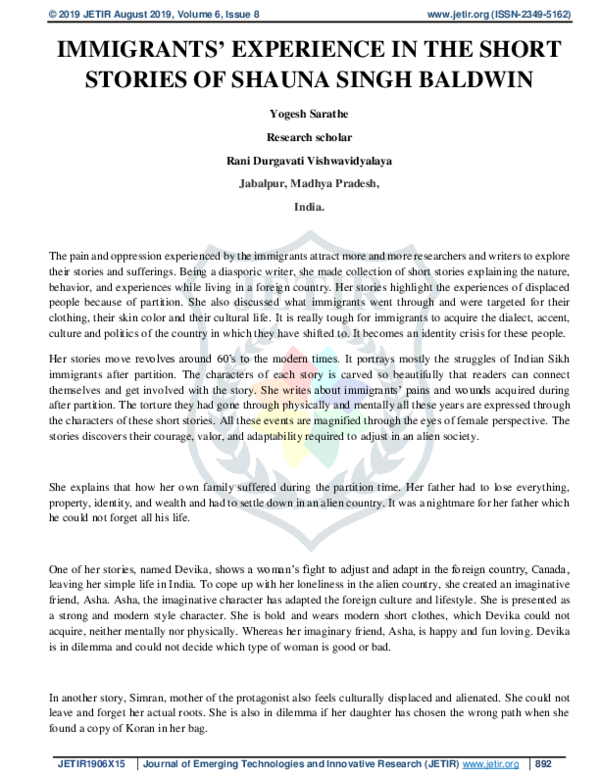 (PDF) IMMIGRANTS' EXPERIENCE IN THE SHORT STORIES OF SHAUNA SINGH BALDWIN