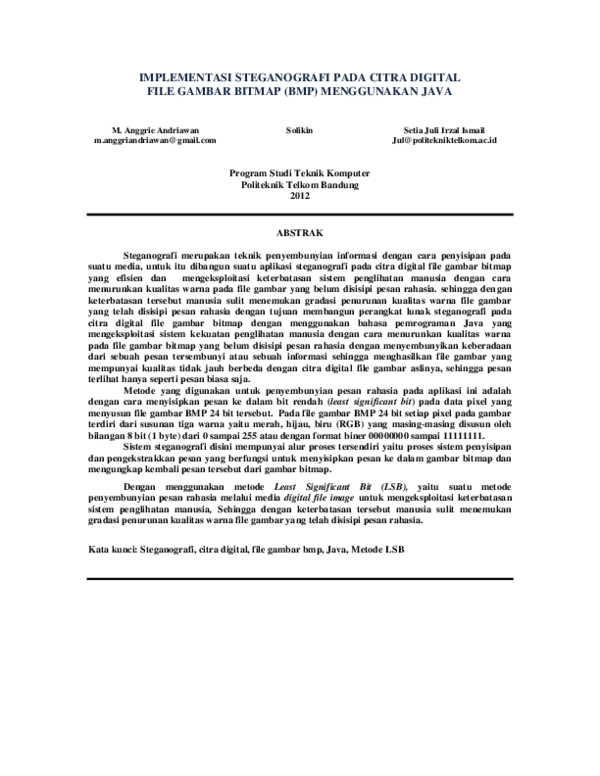 Pdf Implementasi Steganografi Pada Citra Digital File Gambar Bitmap Bmp Menggunakan Java