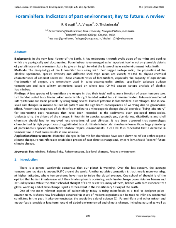 (PDF) Foraminifera: Indicators of past environment; Key to future: A review