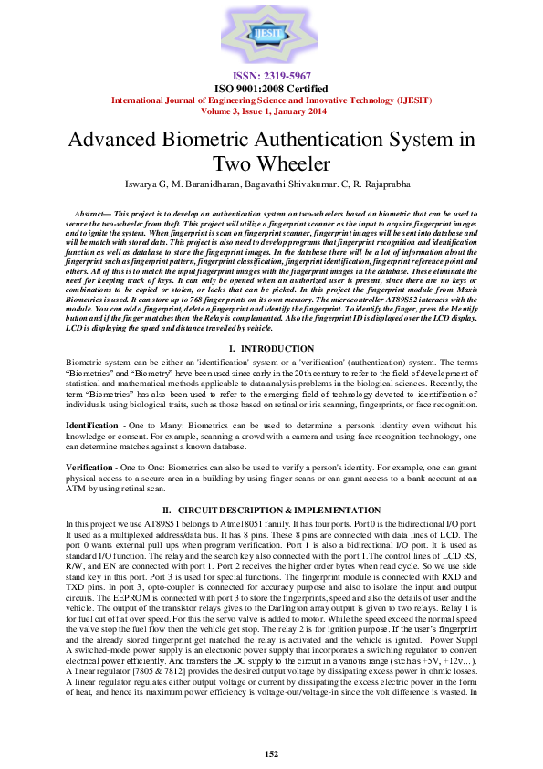 Pdf Advanced Biometric Authentication System In Two Wheeler