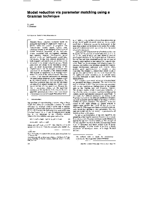 (PDF) Model reduction via parameter matching using a Gramian technique