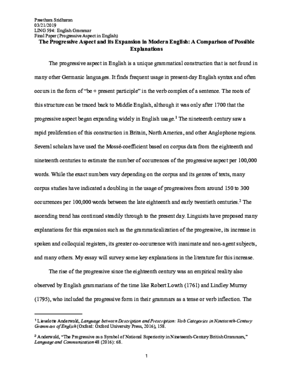 (PDF) The Progressive Aspect and its Expansion in Modern English: A ...