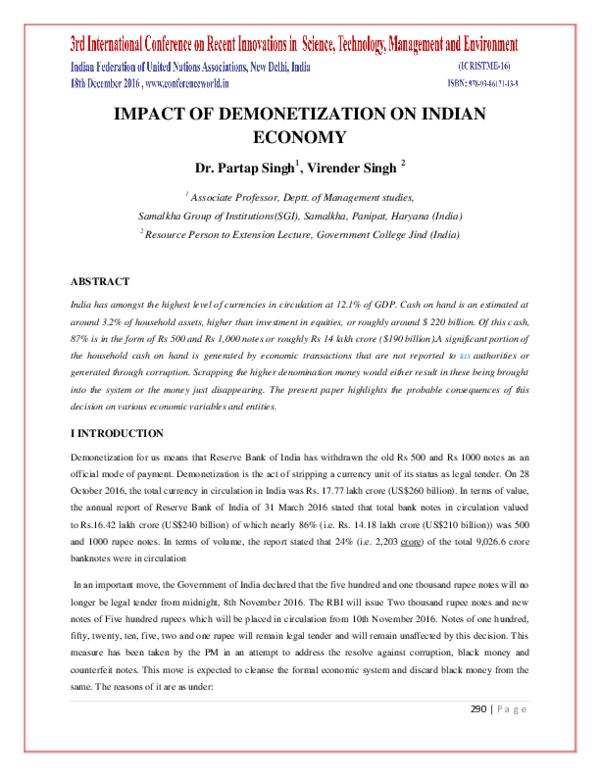 (PDF) IMPACT OF DEMONETIZATION ON INDIAN ECONOMY