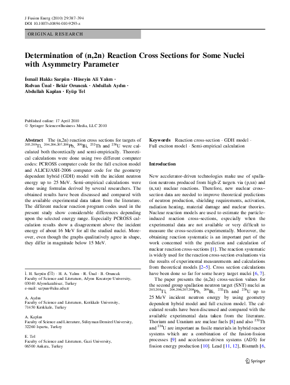 Pdf Determination Of N2n Reaction Cross Sections For Some Nuclei With Asymmetry Parameter