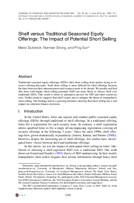 (PDF) Shelf versus Traditional Seasoned Equity Offerings: The Impact of ...