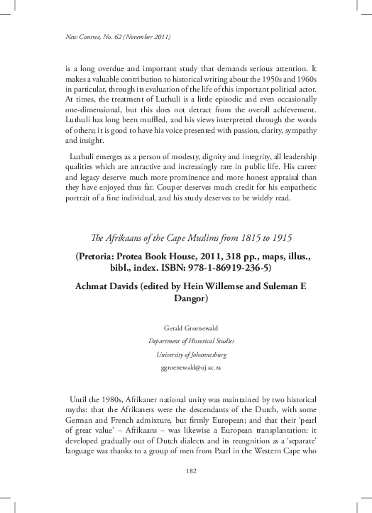 (PDF) Review of Achmat Davids, The Afrikaans of the Cape Muslims from ...