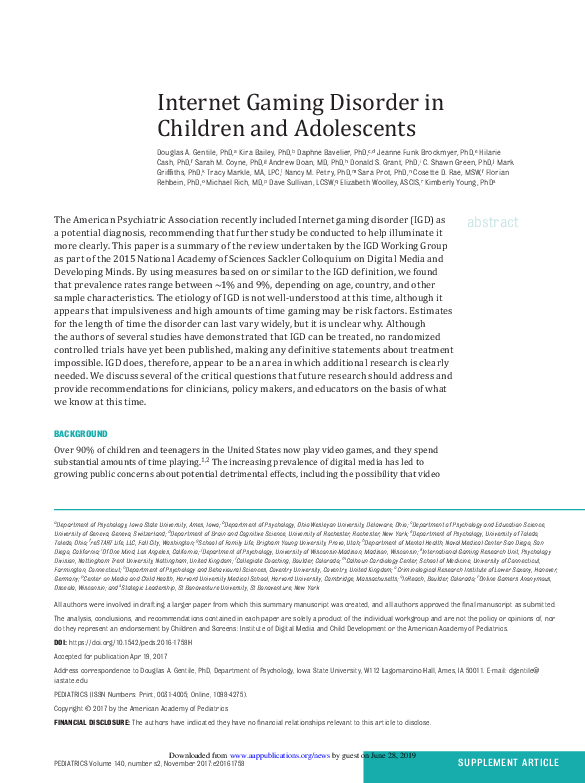 (PDF) Internet Gaming Disorder in Children and Adolescents