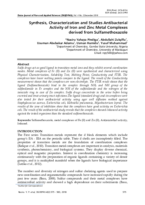 (PDF) Synthesis, Characterization and Studies Antibacterial Activity of Iron and Zinc Metal ...