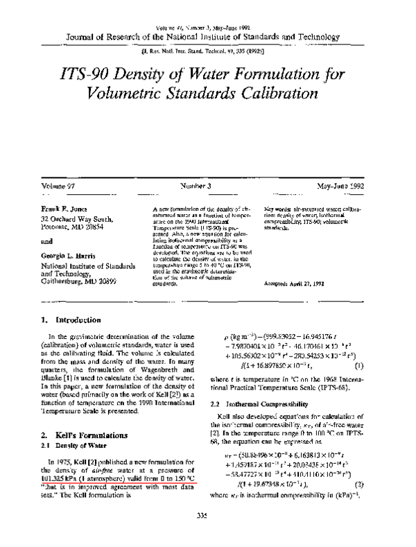 (PDF) ITS-90 Density of Water Formulation for Volumetric Standards ...