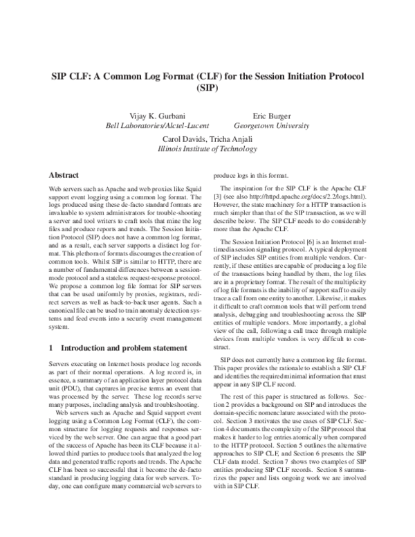 (PDF) SIP CLF: A Common Log Format (CLF) for the Session Initiation ...