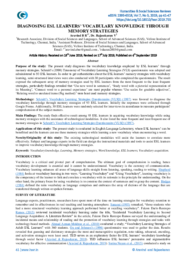 (PDF) DIAGNOSING ESL LEARNERS' VOCABULARY KNOWLEDGE THROUGH MEMORY ...