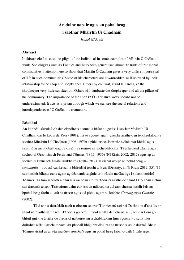 (PDF) An duine aonair agus an pobal beag i saothar Mháirtín Uí Chadhain