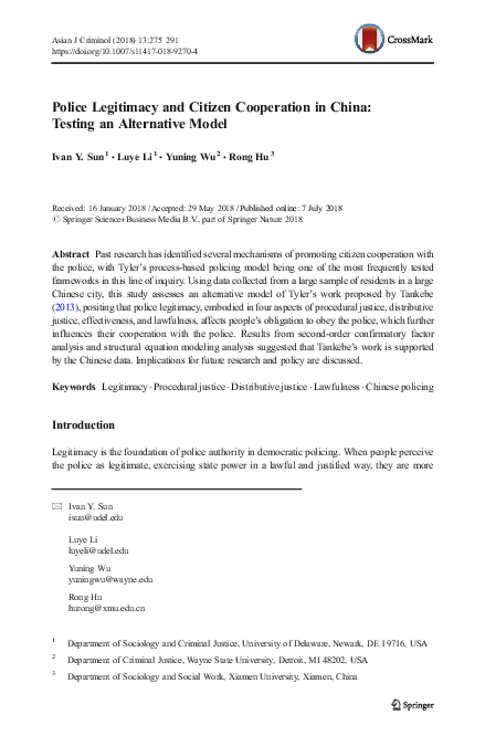 (PDF) Police legitimacy and citizen cooperation in China: Testing an ...