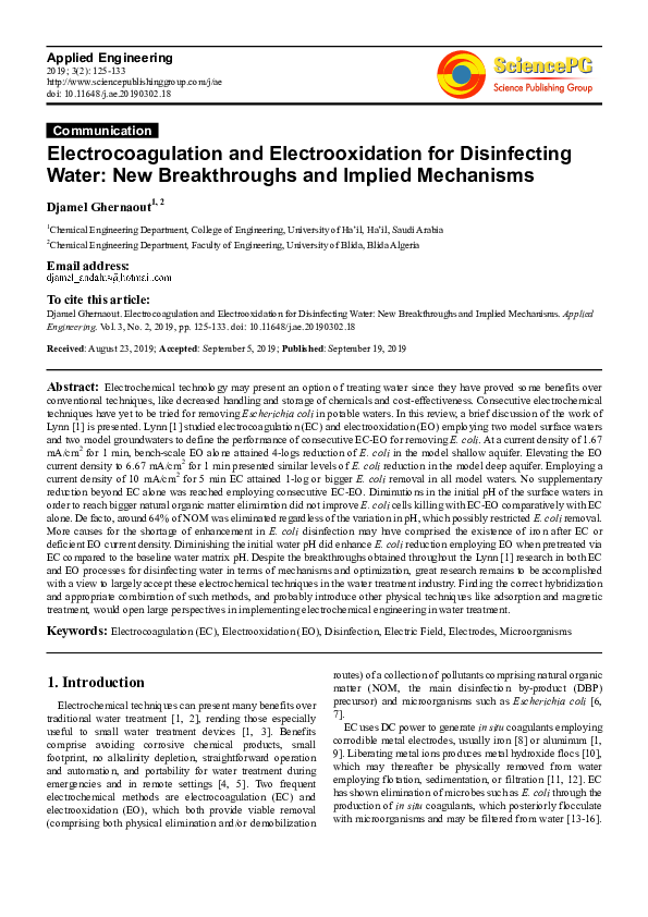 (PDF) Electrocoagulation and Electrooxidation for Disinfecting Water ...