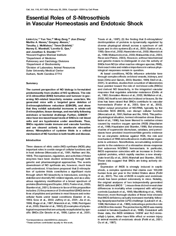 (PDF) Essential Roles of S-Nitrosothiols in Vascular Homeostasis and Endotoxic Shock