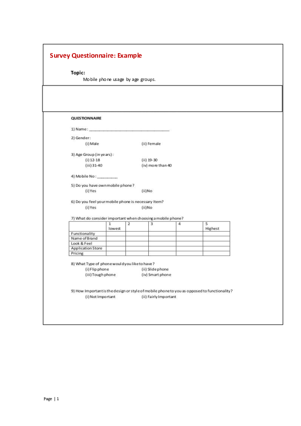 (PDF) Survey Questionnaire: Example Topic