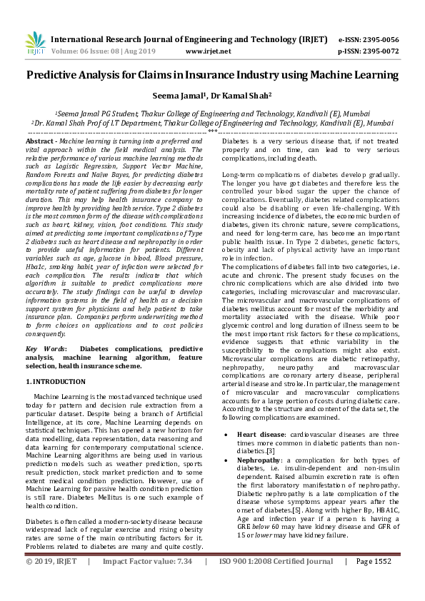 (PDF) IRJET- Predictive Analysis for Claims in Insurance Industry using ...