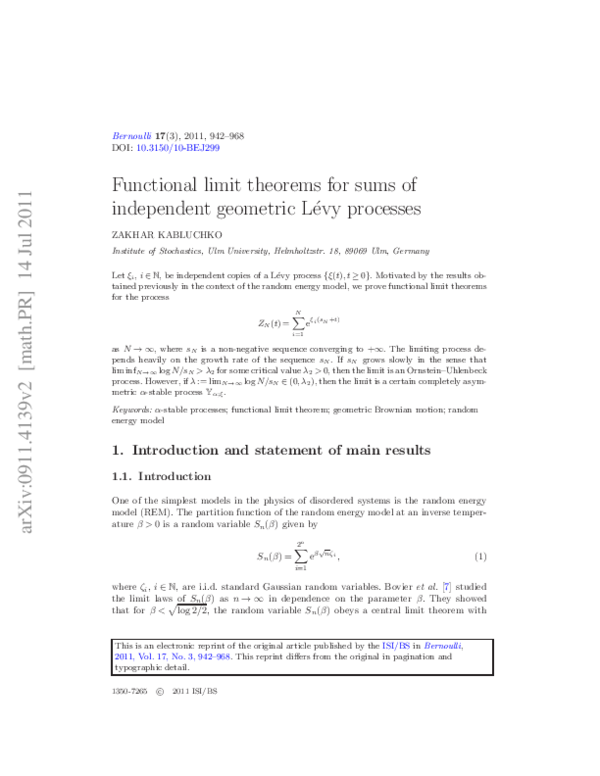 (PDF) Functional limit theorems for sums of independent geometric Lévy processes