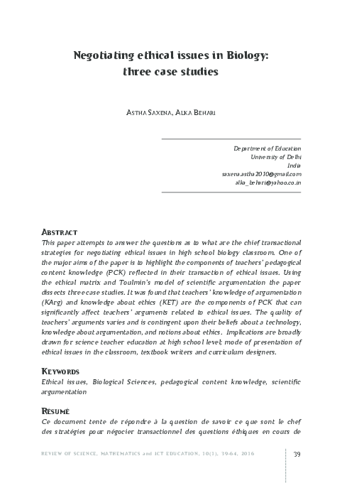 (PDF) Negotiating ethical issues in Biology: three case studies