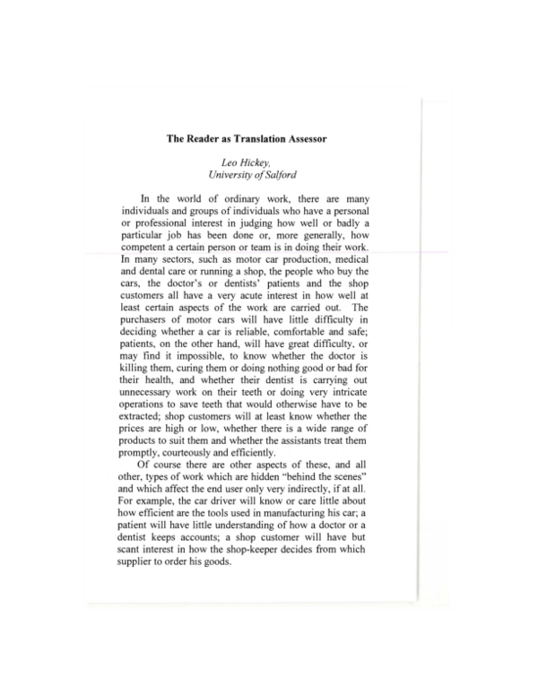 (PDF) The Reader as Translation Assessor - Leo Hickey