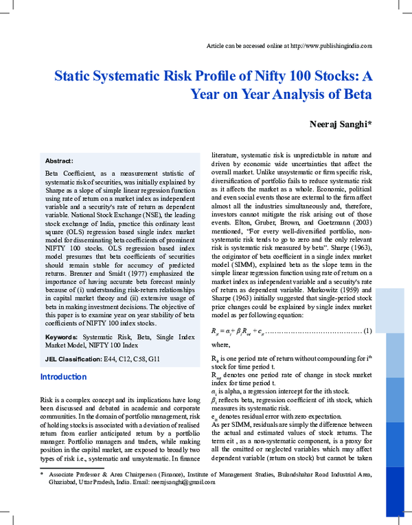 (PDF) Static Systematic Risk Profile of Nifty 100 Stocks: A Year on ...
