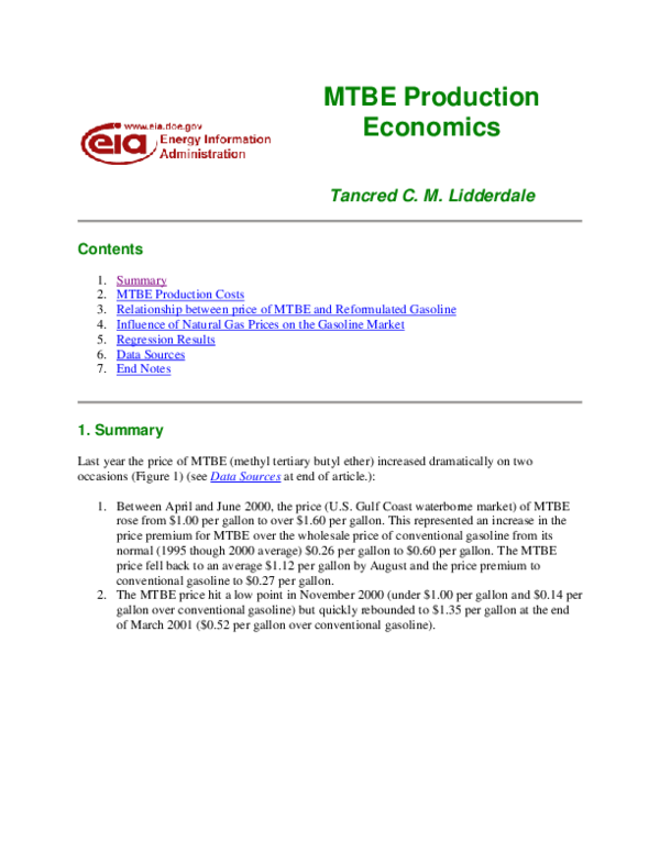 (PDF) MTBE Production Economics