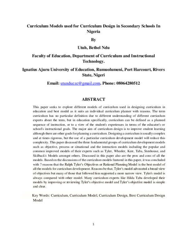 (DOC) Utuh, Bethel Ndu -Curriculum Models for Curriculum Desgin in ...