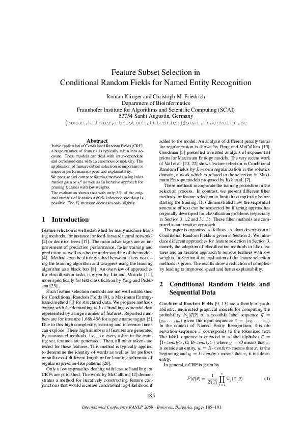 (PDF) Feature Subset Selection in Conditional Random Fields for Named Entity Recognition