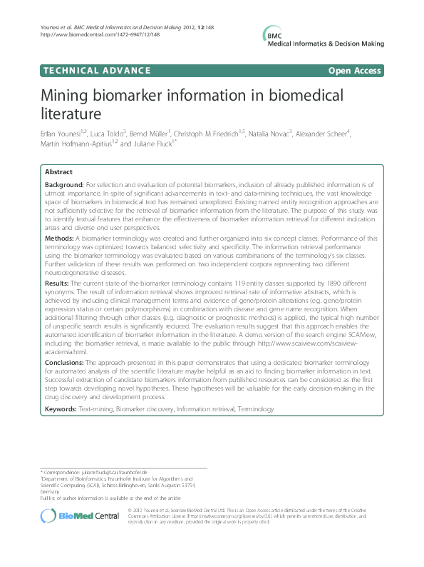 Pdf Mining Biomarker Information In Biomedical Literature