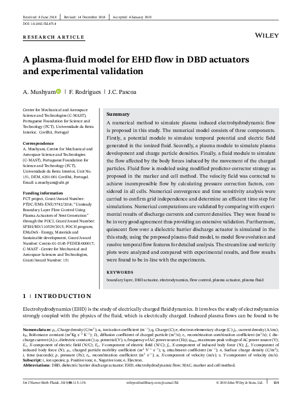 (PDF) A plasma-fluid model for EHD flow in DBD actuators and experimental validation