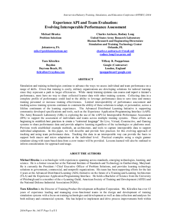 (PDF) Experience API and Team Evaluation: Evolving Interoperable Performance Assessment