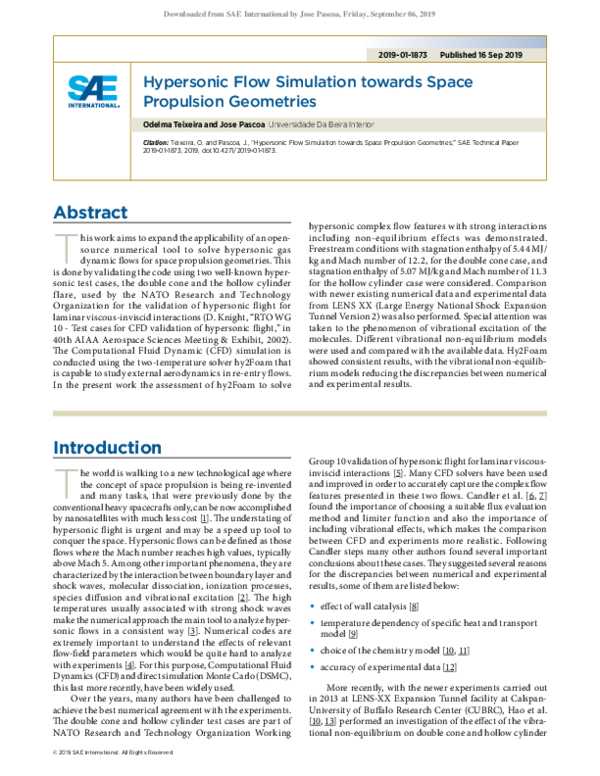 (PDF) Hypersonic Flow Simulation towards Space Propulsion Geometries